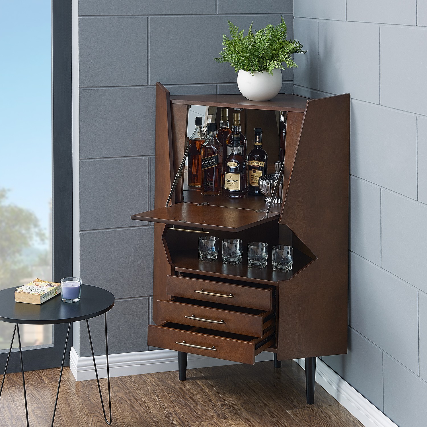 Larson Corner Bar Cabinet Midcentury Modern Dark Tobacco Southern
